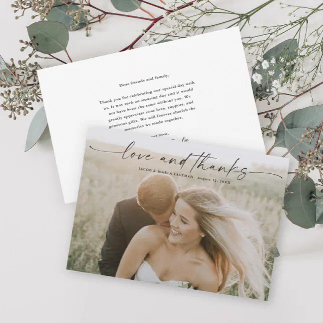 Simple Script Love and Thanks Photo Wedding Thank You Card | Zazzle