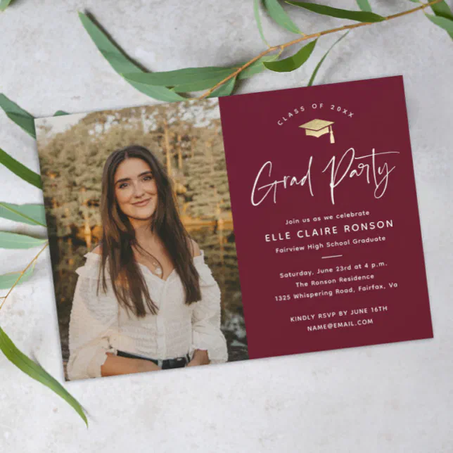 Simple Script Maroon Photo Graduation Party Invitation | Zazzle