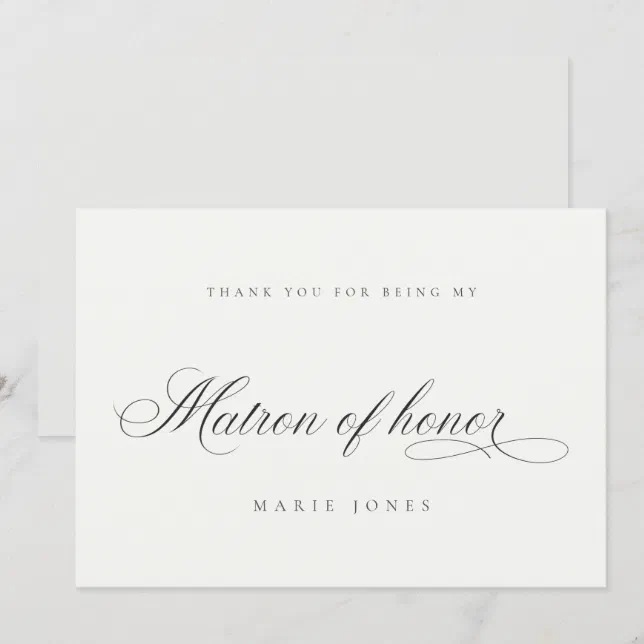 Simple Script Minimal Black White Matron of Honor Thank You Card | Zazzle