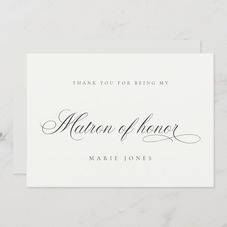 Simple Script Minimal Black White Matron of Honor Thank You Card | Zazzle