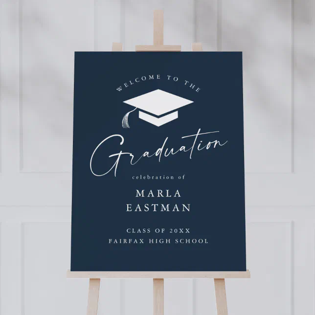 Simple Script Navy Blue Graduation Welcome Foam Board | Zazzle
