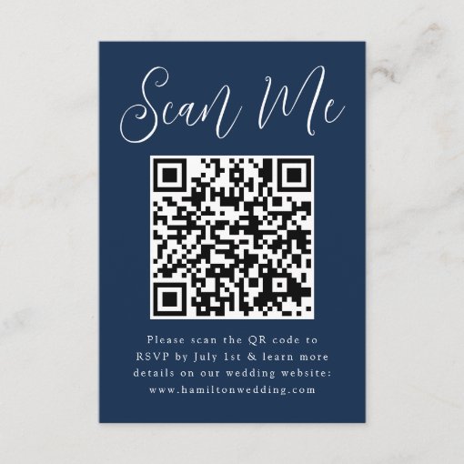 Simple Script Navy QR Code Wedding RSVP Enclosure Card | Zazzle
