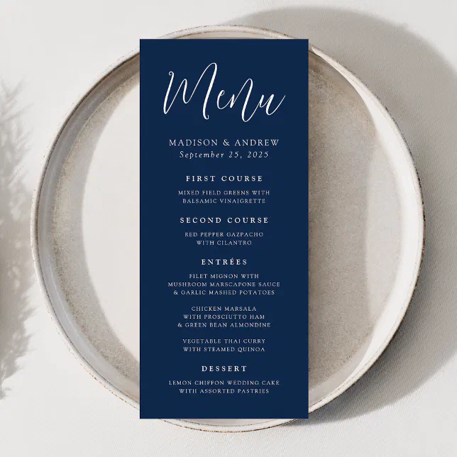 Simple Script Navy Wedding Menu | Zazzle