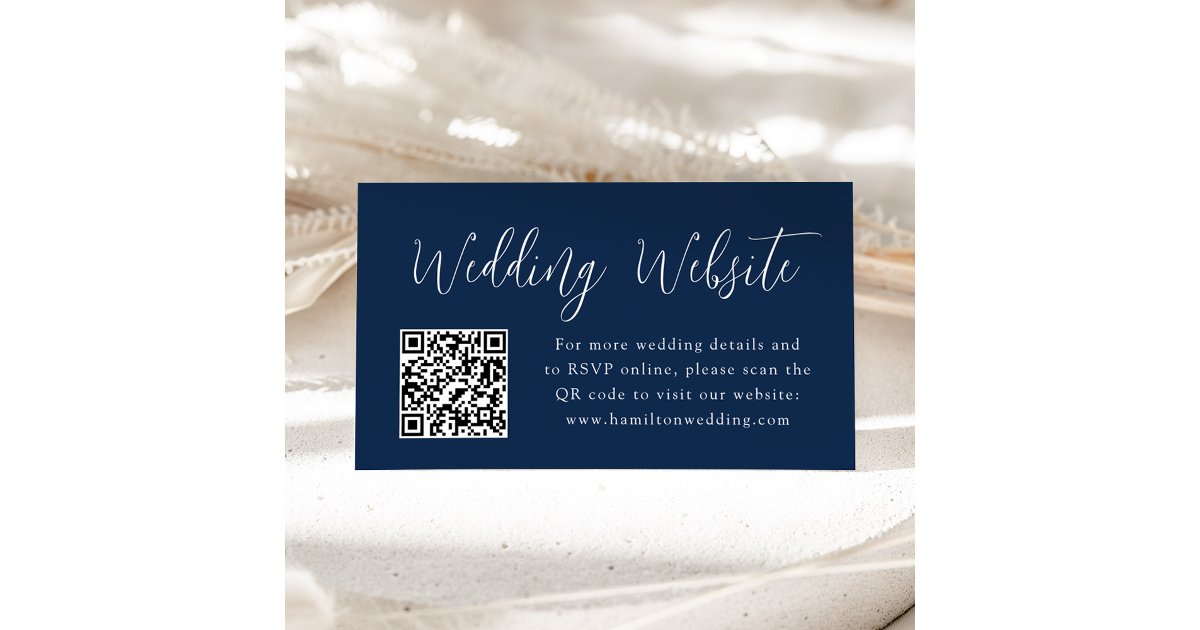 Simple Script Navy Wedding Website QR Code Enclosure Card | Zazzle