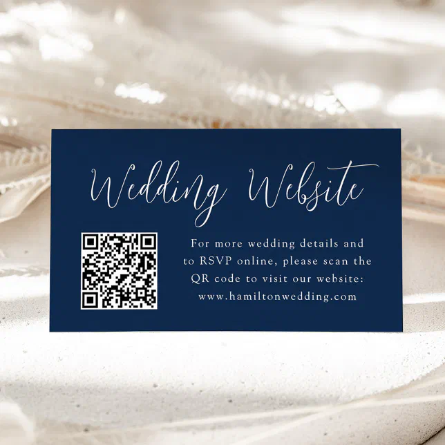 Simple Script Navy Wedding Website QR Code Enclosure Card | Zazzle