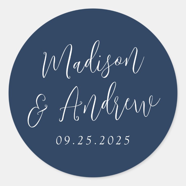 Simple Script Personalized Navy Wedding Classic Round Sticker Zazzle