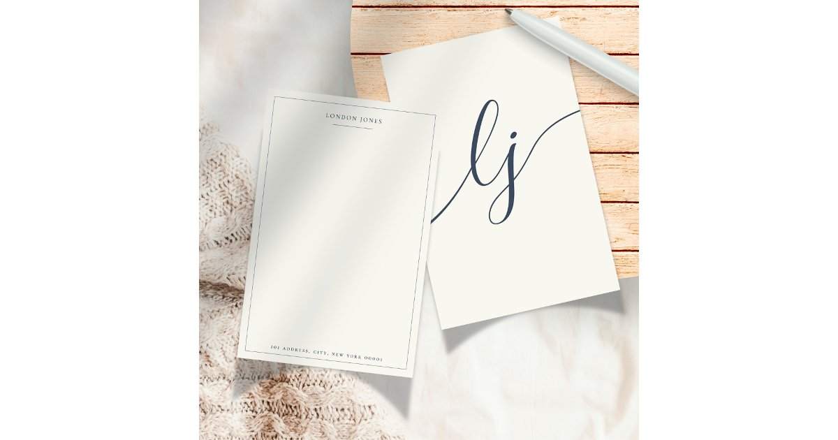 Simple Script Personalized Stationery Ivory Navy | Zazzle