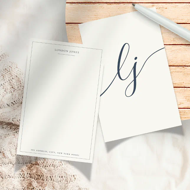 Simple Script Personalized Stationery Ivory Navy | Zazzle