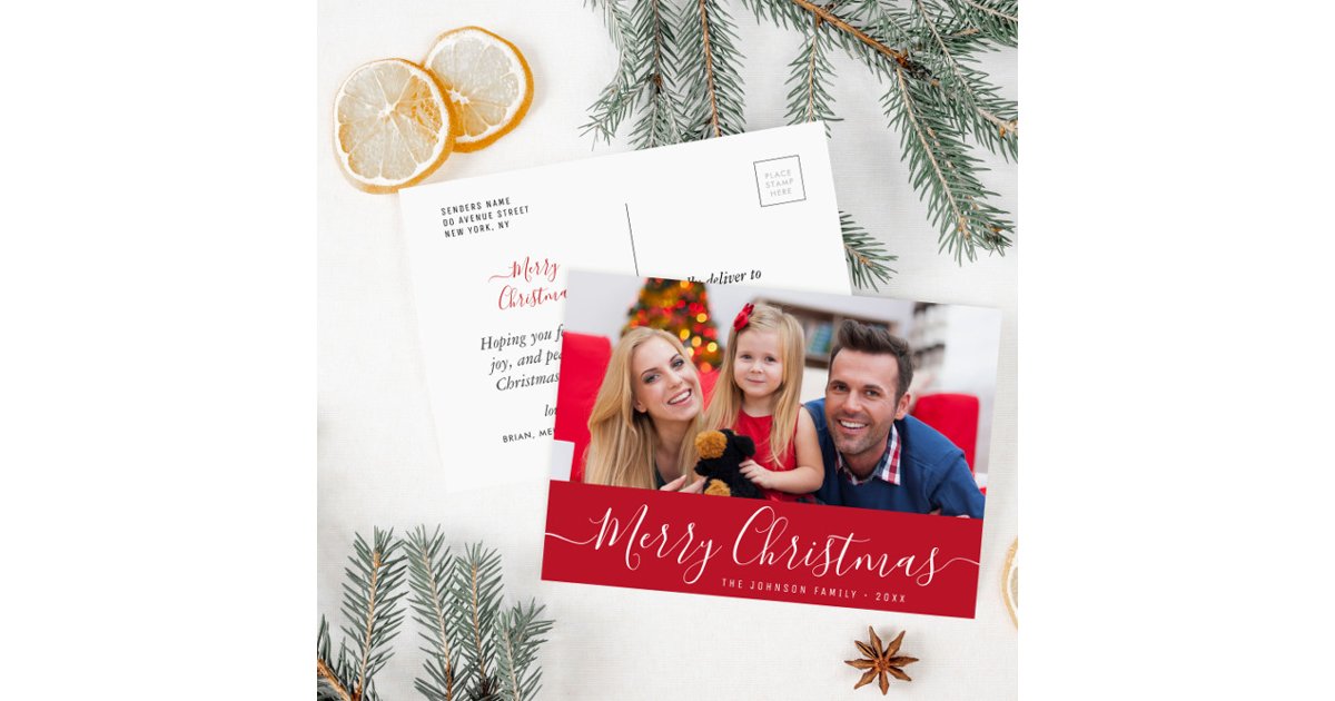 simple script photo merry christmas postcard | Zazzle