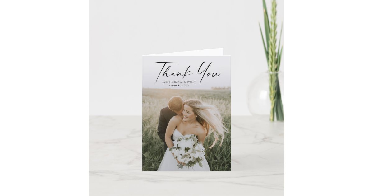 Simple Script Photo Wedding Thank You Card | Zazzle