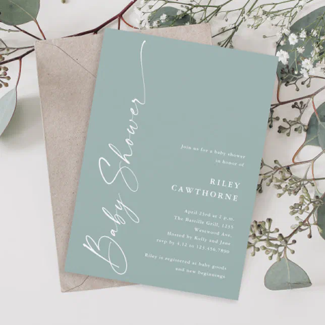 Simple Script Sage Gender Neutral Baby Shower Invitation | Zazzle