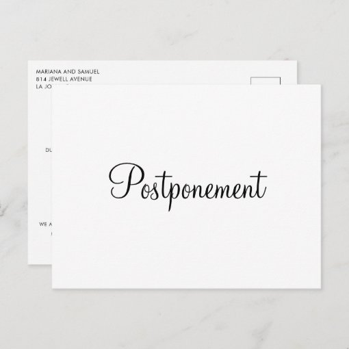 Simple Script Wedding Postponement Announcement Postcard | Zazzle