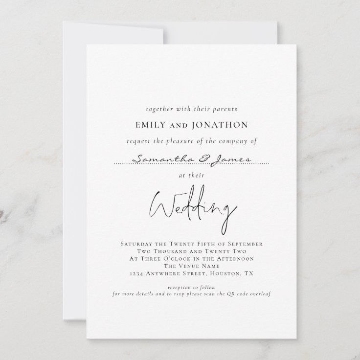 Simple Script With Guest Names QR Code Wedding Invitation | Zazzle