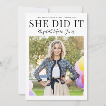 Simple SHE DID IT Graduate Modern Photo Graduation Announcement | Zazzle