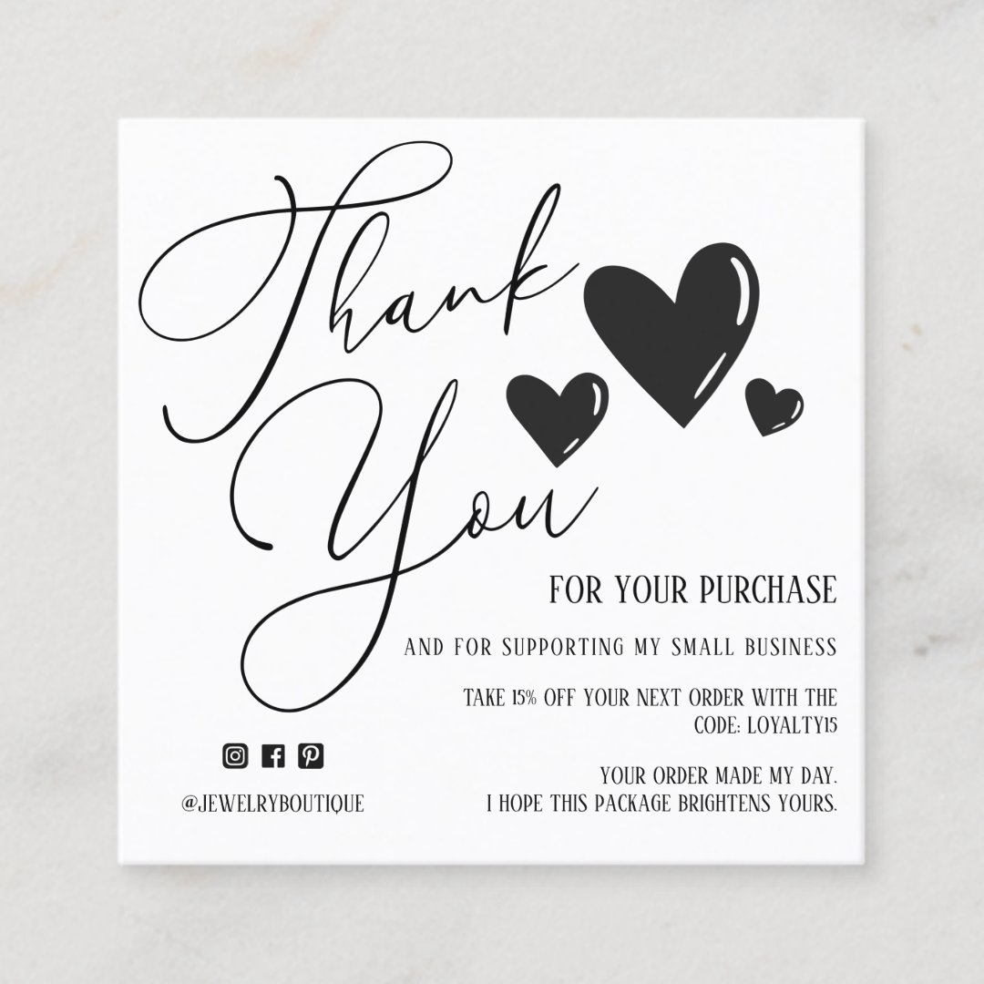 Simple Signature Script Hearts Order Thank You Square Business Card ...