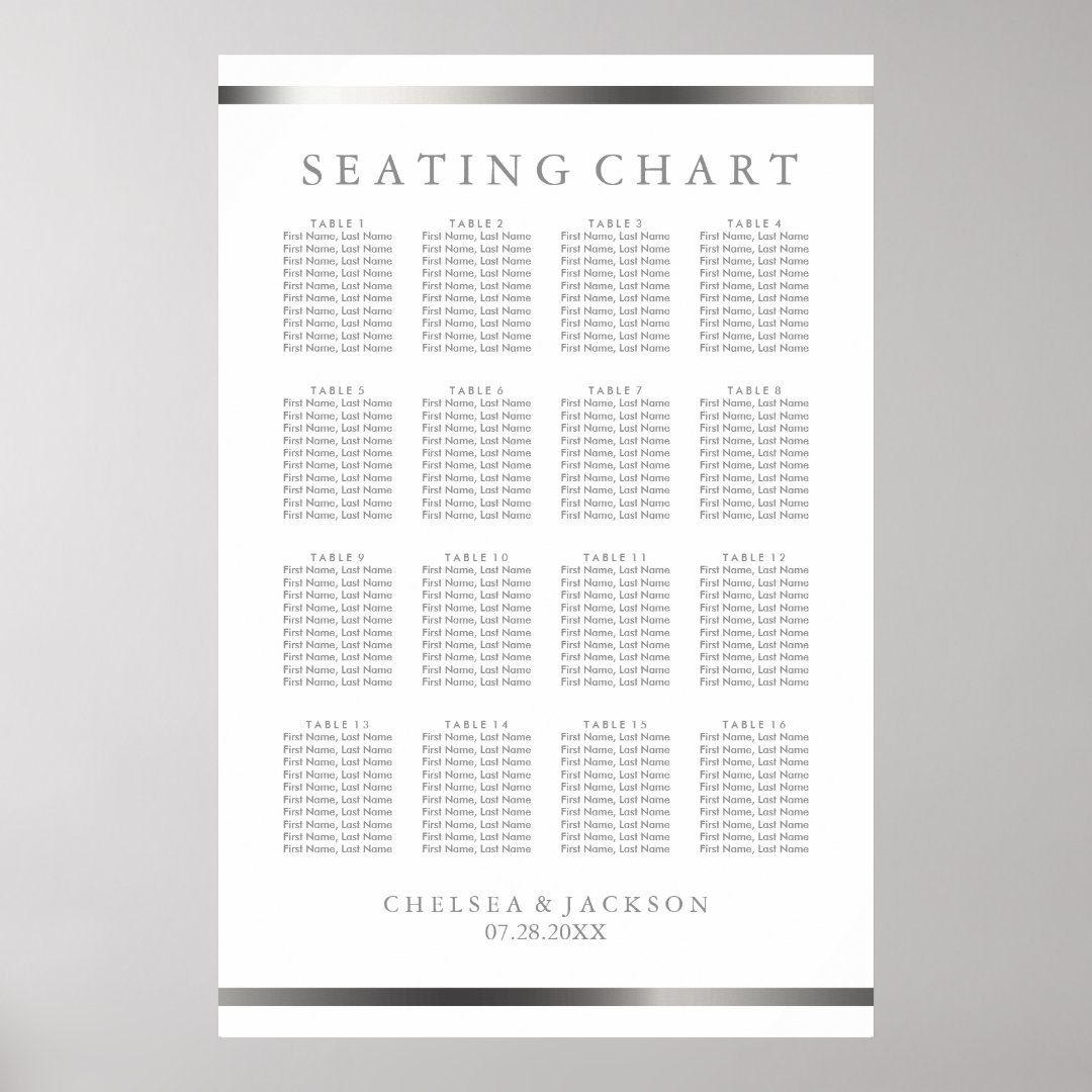 Simple Silver and White - 16 Table Seating Chart | Zazzle