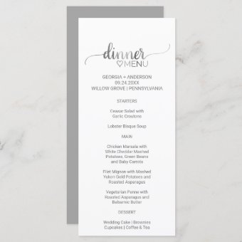 Simple Silver Calligraphy Wedding Dinner Menu Card | Zazzle