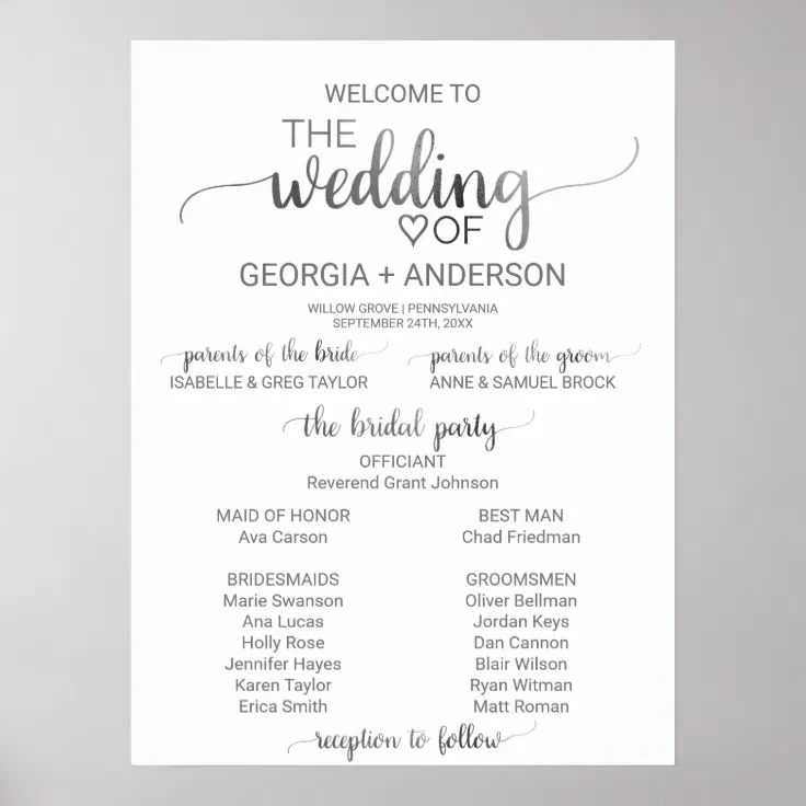 Simple Silver Foil Calligraphy Wedding Program Poster | Zazzle