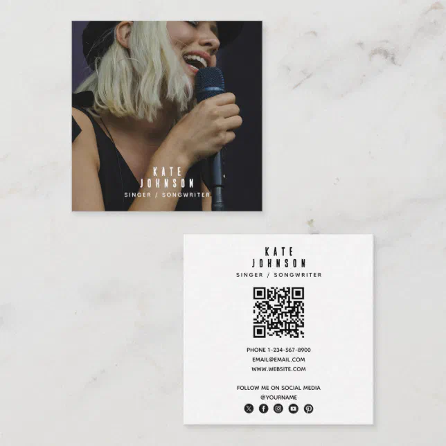 Simple Singer Musician Photo Social Media QR Code Square Business Card ...