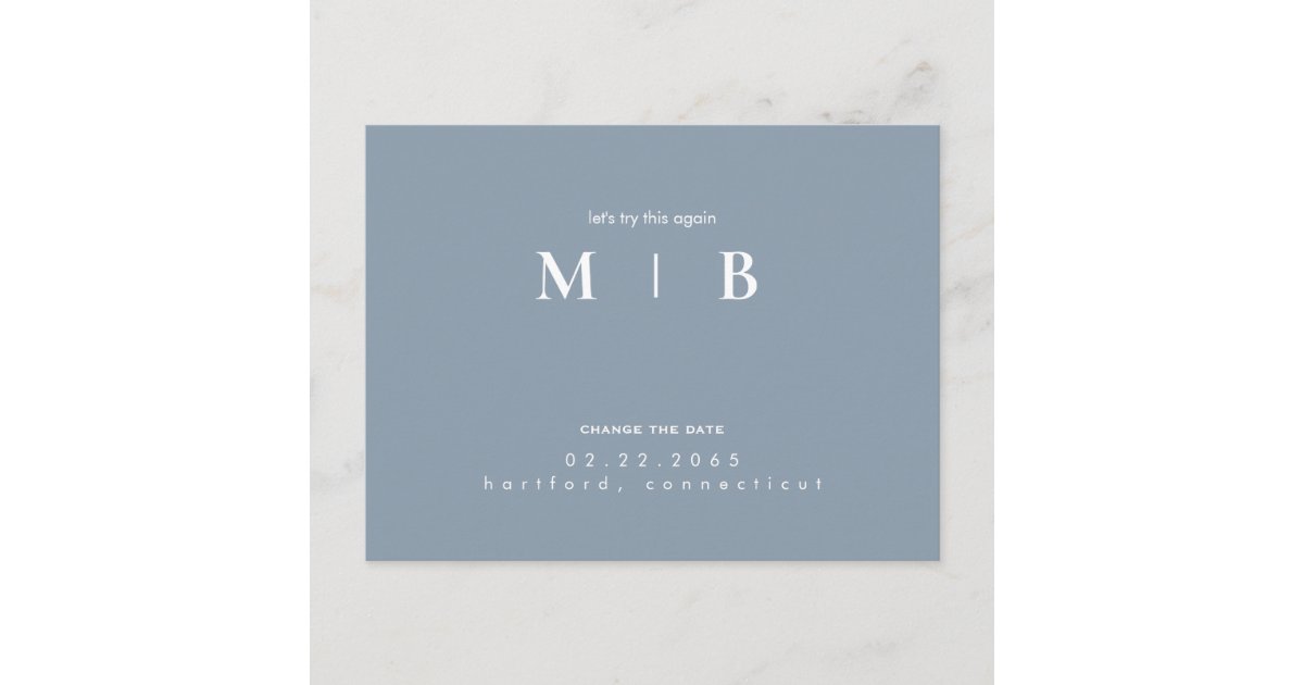 Simple & Sleek Monogram Dusty Blue Change the Date Announcement ...