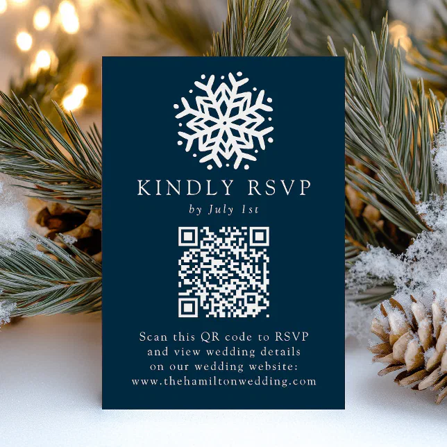 Simple Snowflake Navy QR Code Wedding RSVP Card | Zazzle
