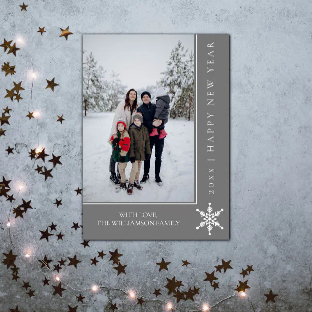 Simple Snowflake New Year's Photo Card | Gray | Zazzle