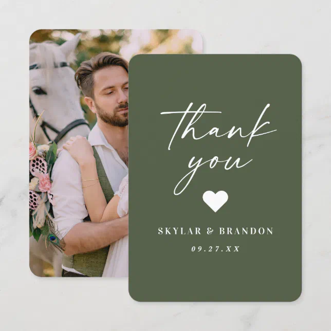 Simple Solid Color Dark Green Photo Wedding Thank You Card | Zazzle