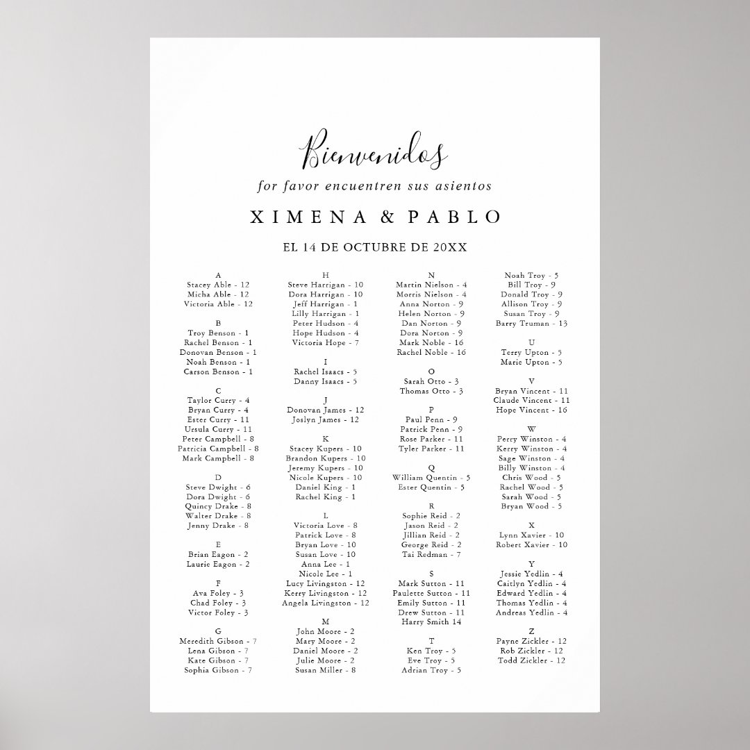 Simple Spanish Alphabetical Seating Chart | Zazzle