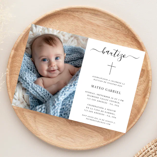 Simple Spanish Baptism | Calligraphy Bautizo Photo Invitation | Zazzle