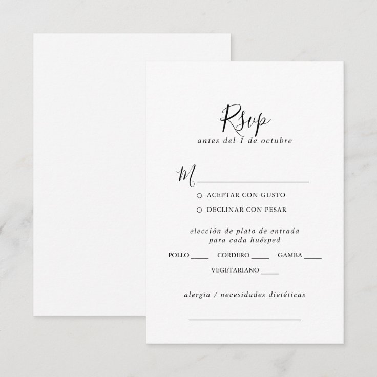 Simple Spanish Wedding Menu Choice RSVP | Zazzle