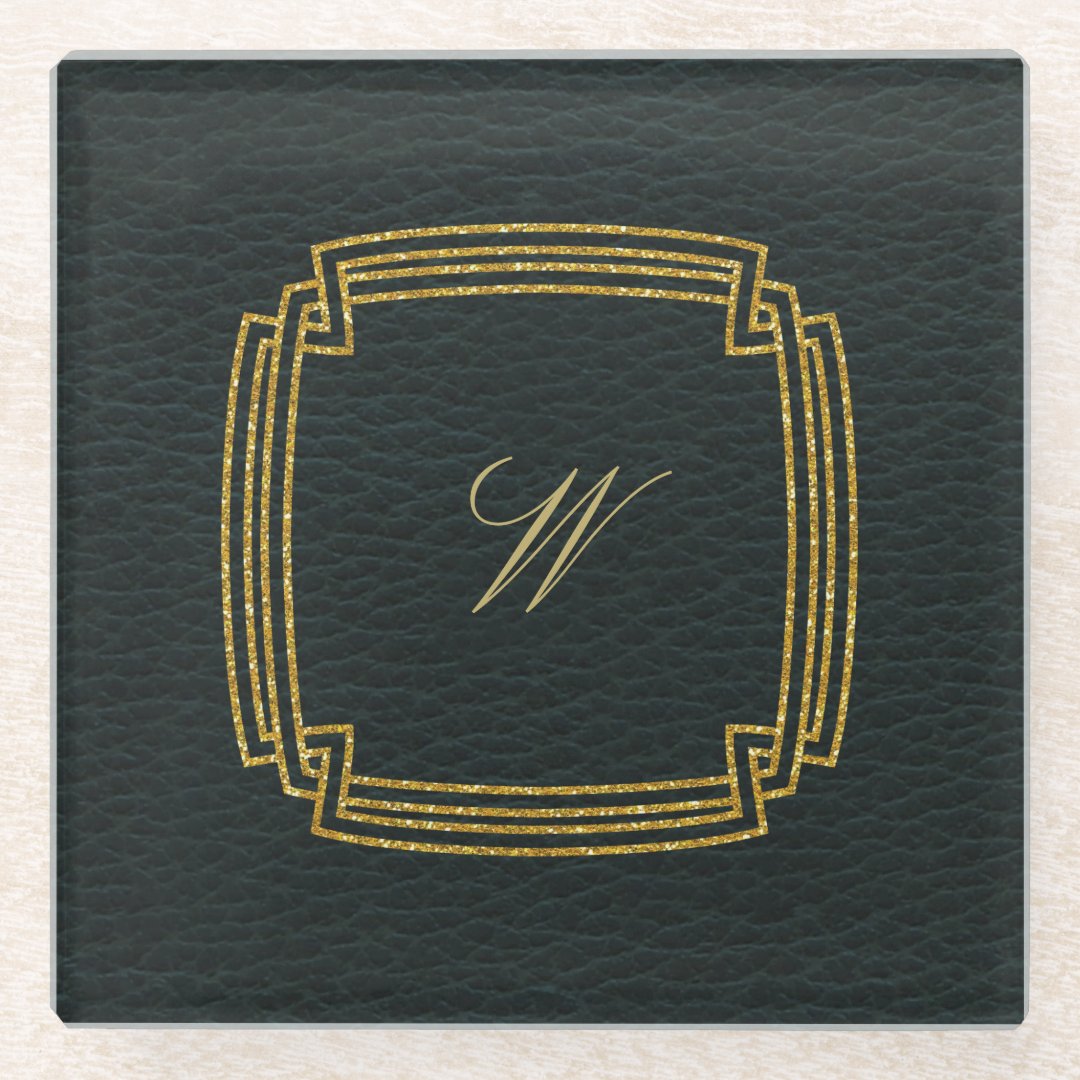Simple Square Monogram on Dark Leather Glass Coaster | Zazzle