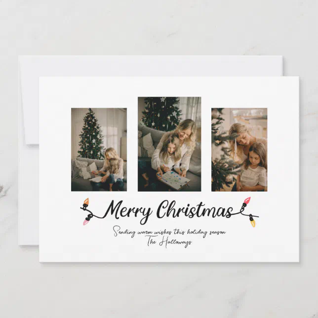 Simple String Lights 3 Photo Christmas Holiday Card | Zazzle