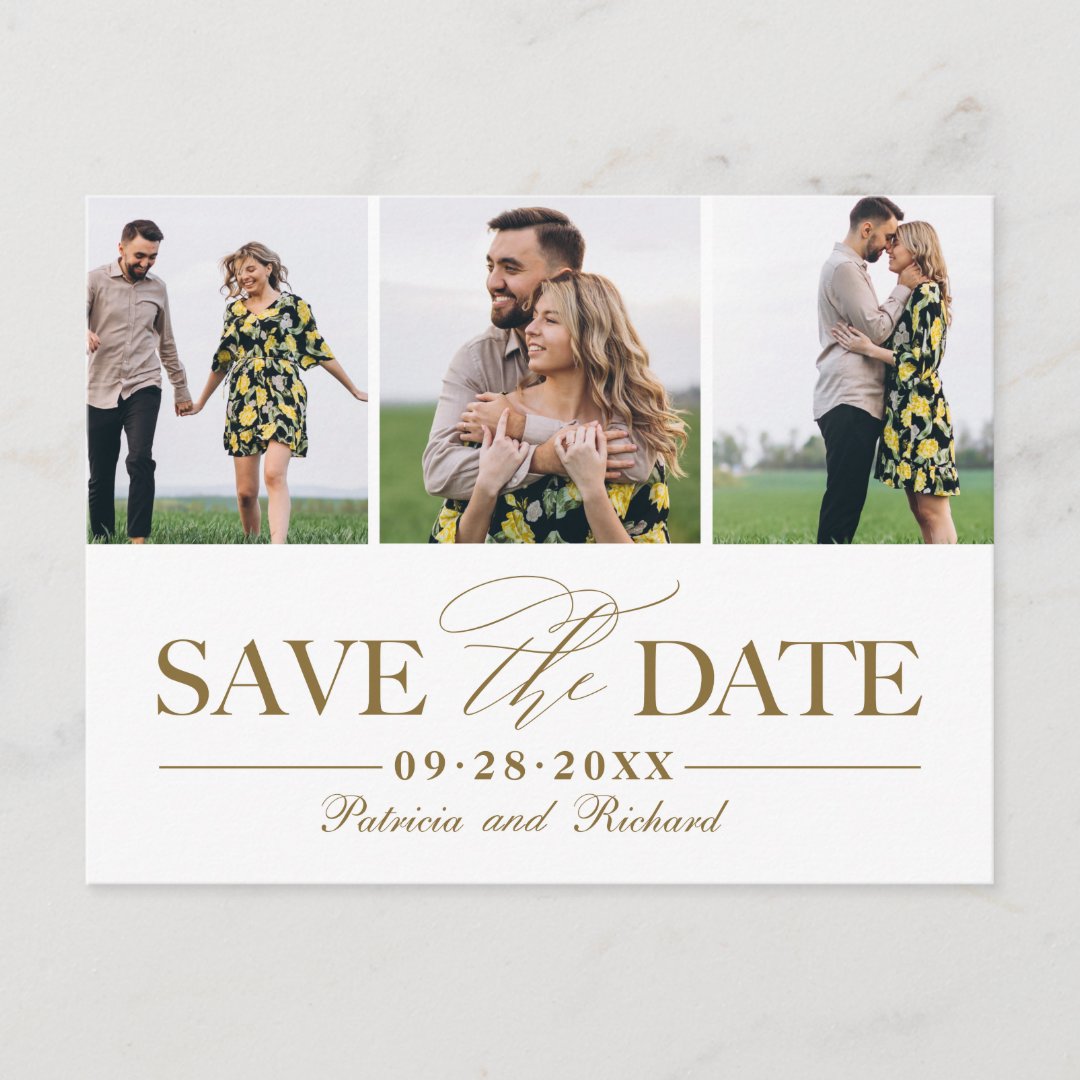 Simple Stylish Wedding Save The Date 3 Photo Postcard | Zazzle