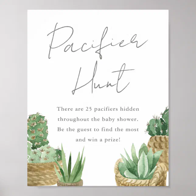 Simple Succulent Pacifier Hunt Baby Shower Poster | Zazzle