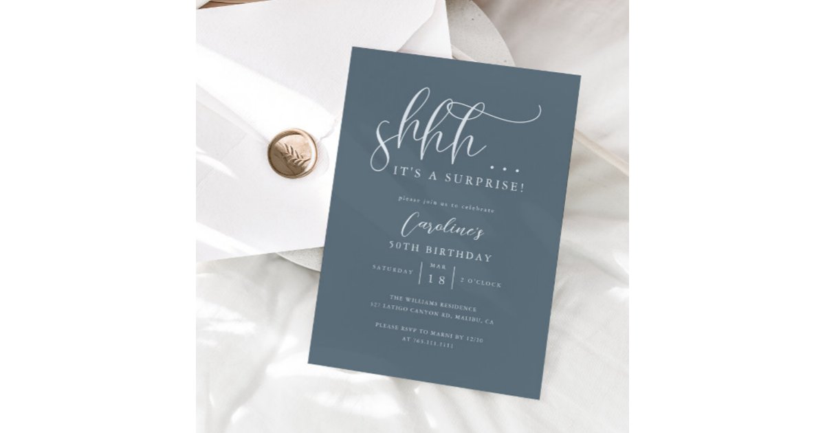Simple Surprise Birthday Party Slate Blue Invitation | Zazzle