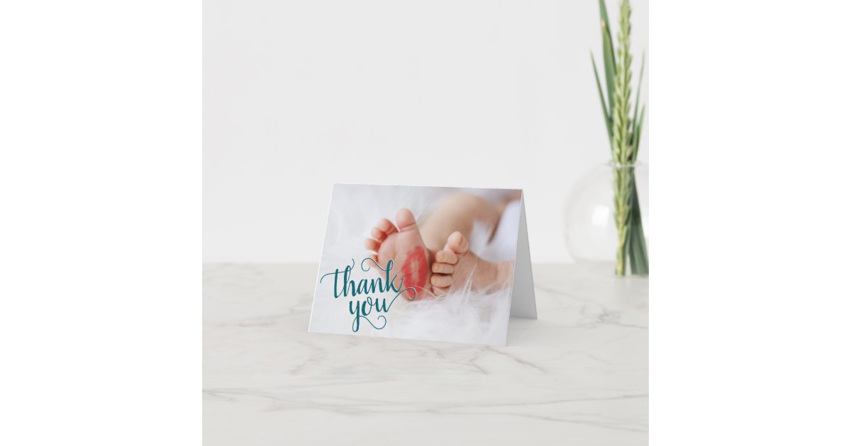 Simple Teal Script | Dark Blue-Green Heart 2 Photo Thank You Card | Zazzle