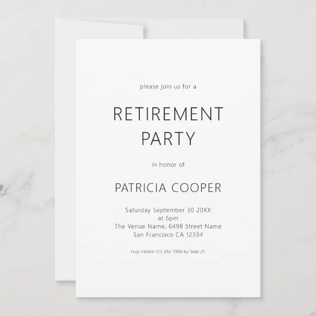 Simple Text Only Black and White Retirement Party Invitation | Zazzle