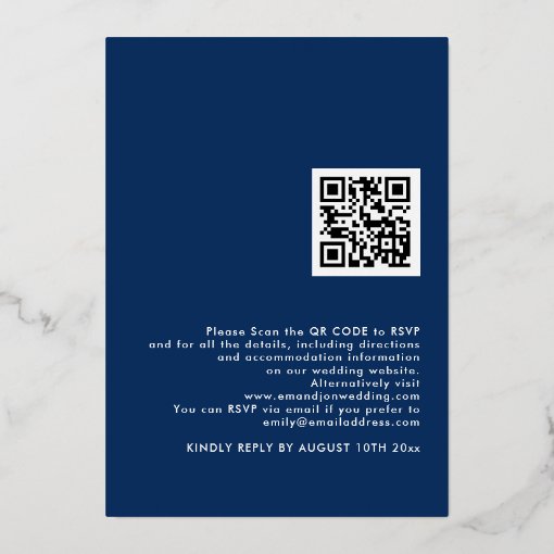 Simple Text QR Code Wedding Navy Rose Gold Real Foil Invitation | Zazzle
