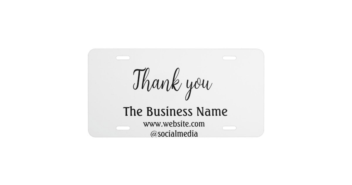 Simple thank you add business name details text t license plate | Zazzle