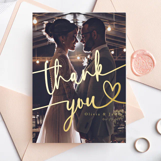 Simple Thank You Script Heart Wedding Photo Foil Holiday Card | Zazzle