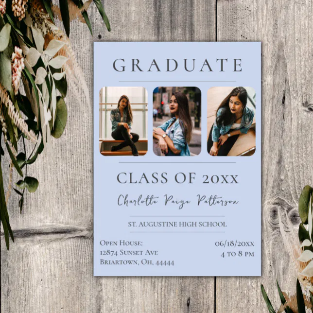 Simple Three Photo Graduation | Blue Invitation | Zazzle