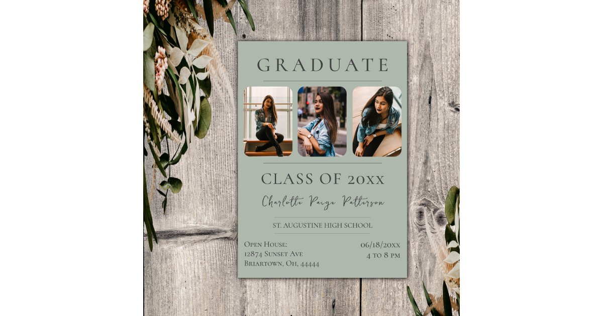Simple Three Photo Graduation | Sage Green Invitation | Zazzle
