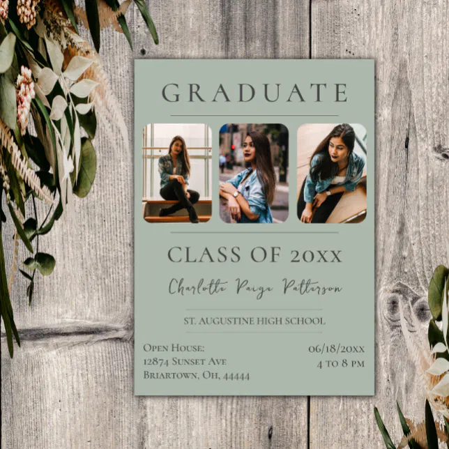 Simple Three Photo Graduation | Sage Green Invitation | Zazzle
