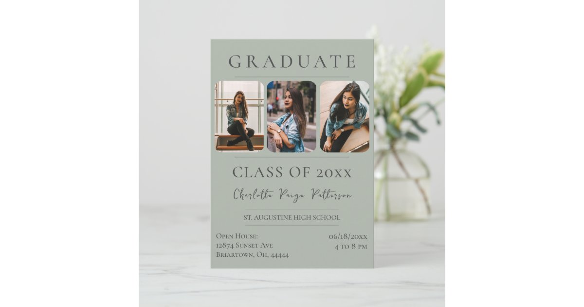 Simple Three Photo Graduation | Sage Green Invitation | Zazzle