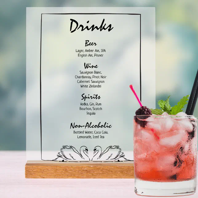 Simple Timeless Chic Swan Bar Drinks Menu Wedding Acrylic Sign | Zazzle