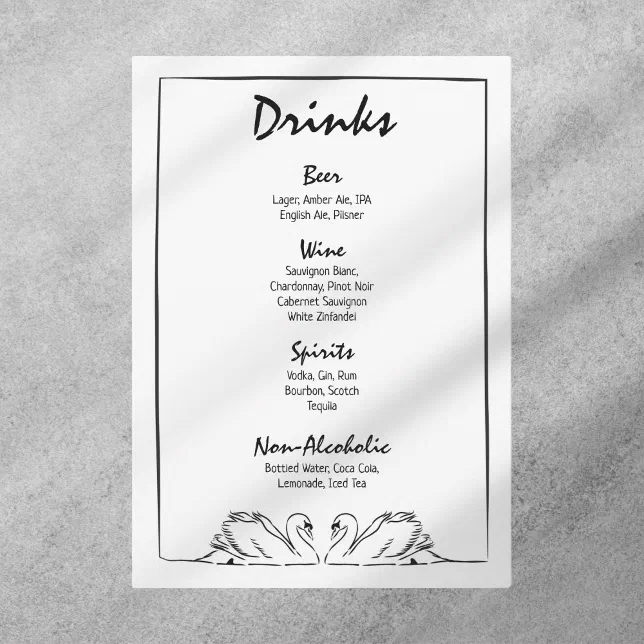 Simple Timeless Hand Drawn Swan Bar Drinks Wedding Menu | Zazzle
