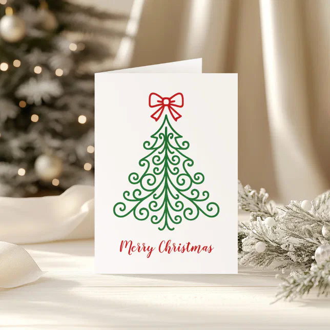 Simple Tree with Bow Modern Christmas Holiday Card | Zazzle