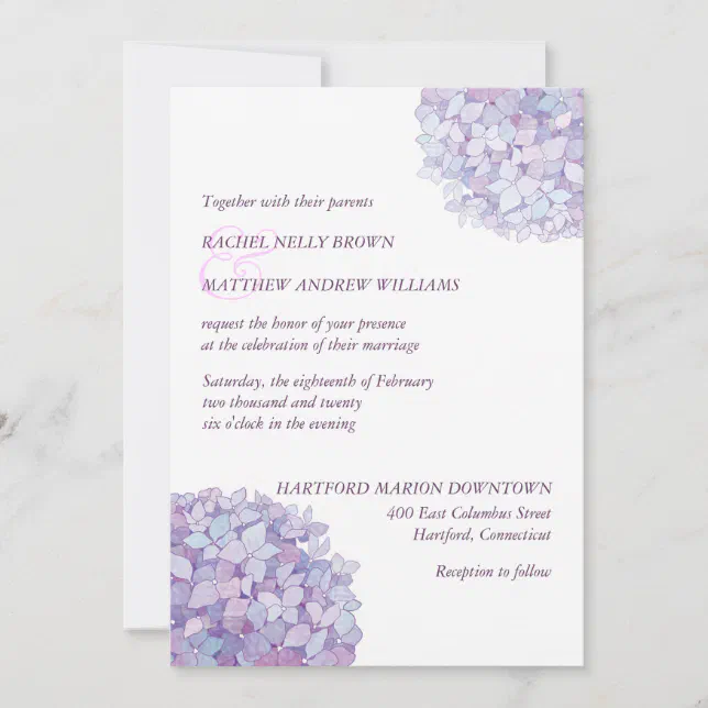 Simple Trendy Purple Hydrangeas Wedding Invitation | Zazzle