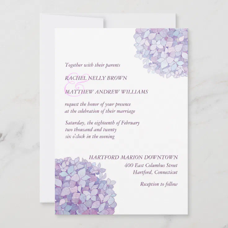 Simple Trendy Purple Hydrangeas Wedding Invitation | Zazzle