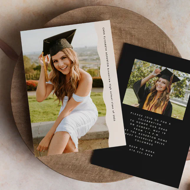 Simple trendy wavy edge photo graduation invitation | Zazzle